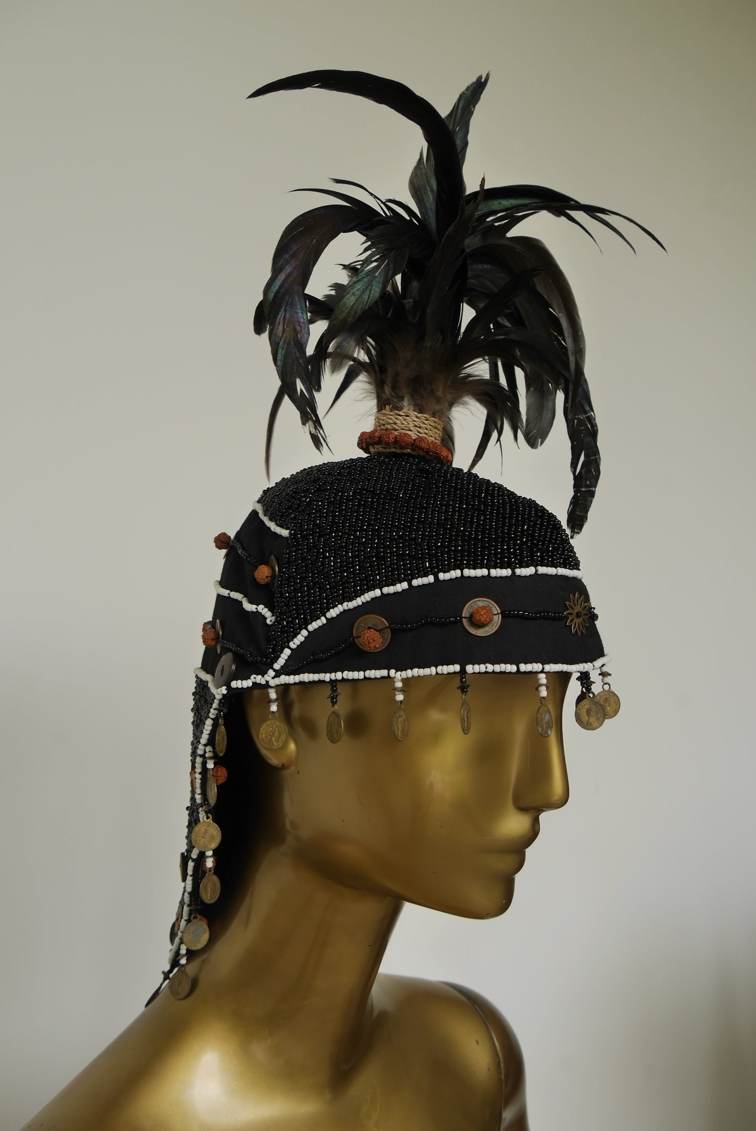 Antique Handmade beaded balinesian cap with feathers. Tribal folk art ...