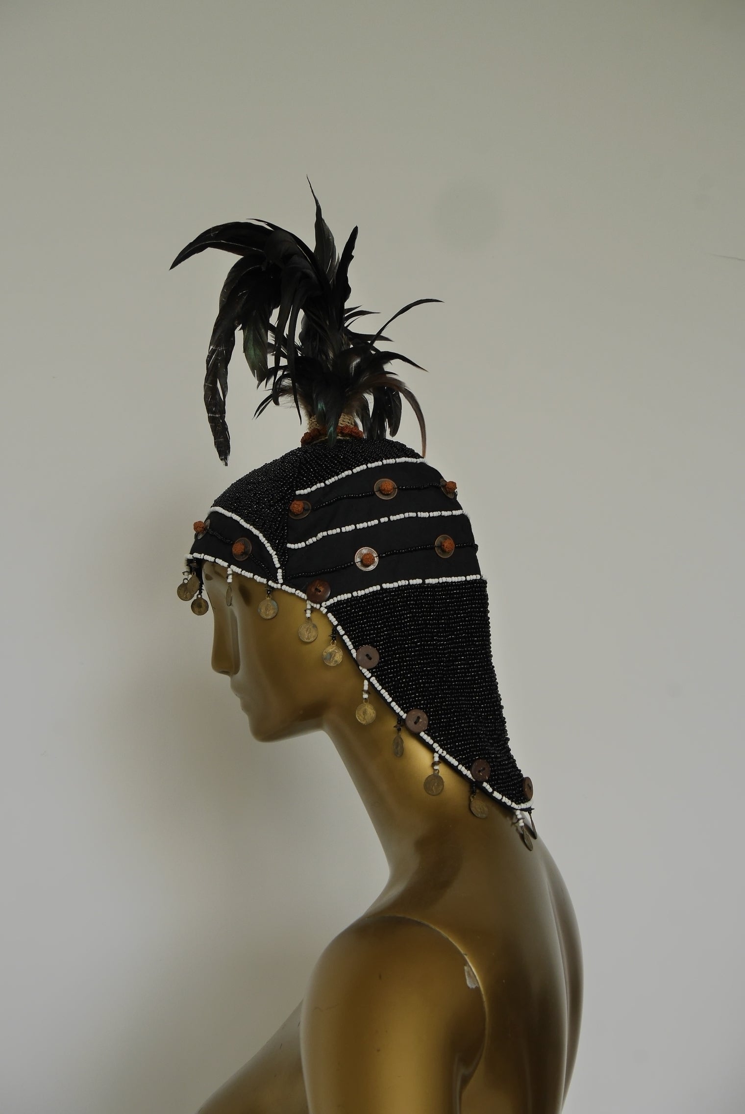 Antique Handmade beaded balinesian cap with feathers. Tribal folk art ...